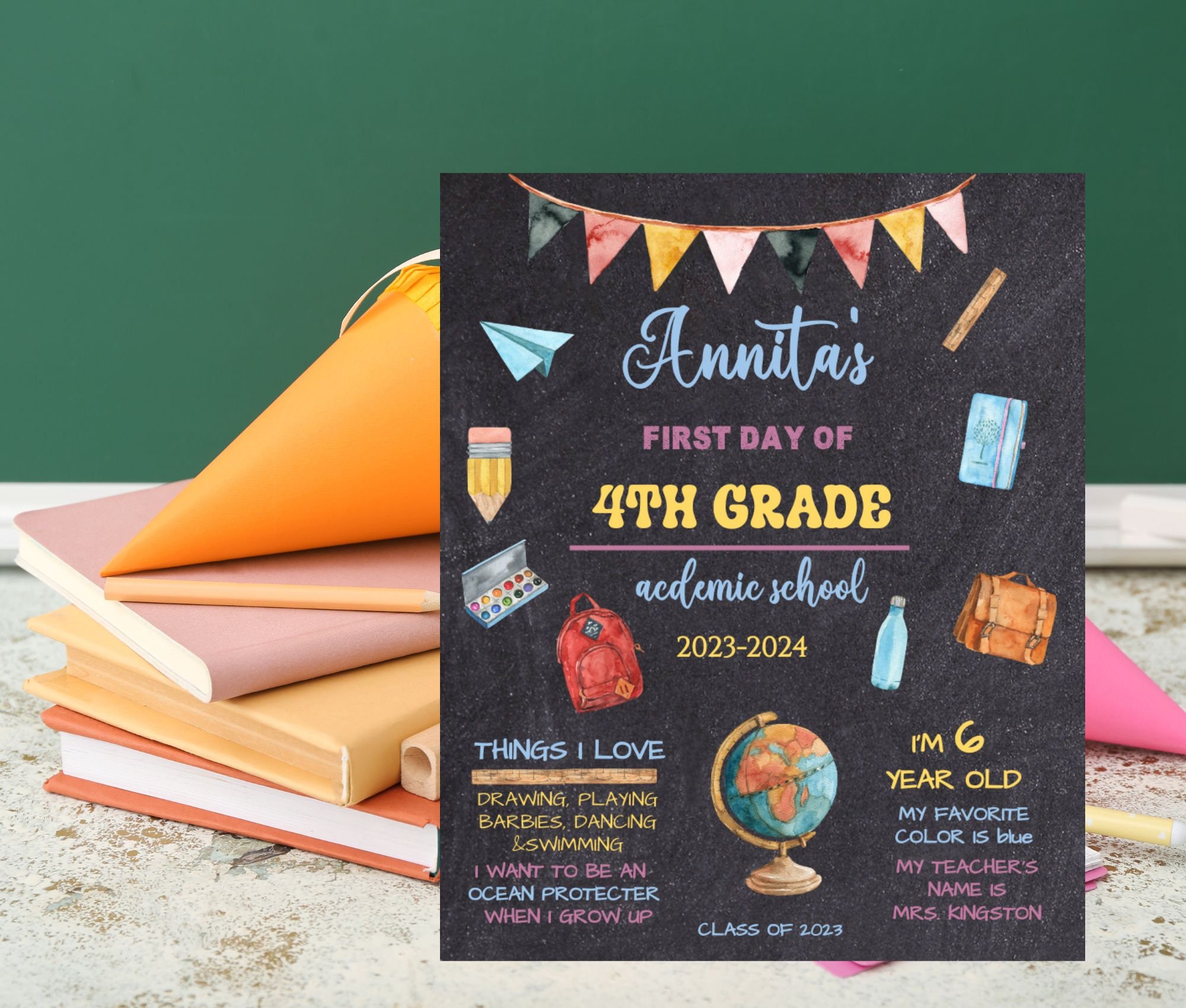 Chalkboard Back to School 4thgrade Sign Editable First Day of School ...