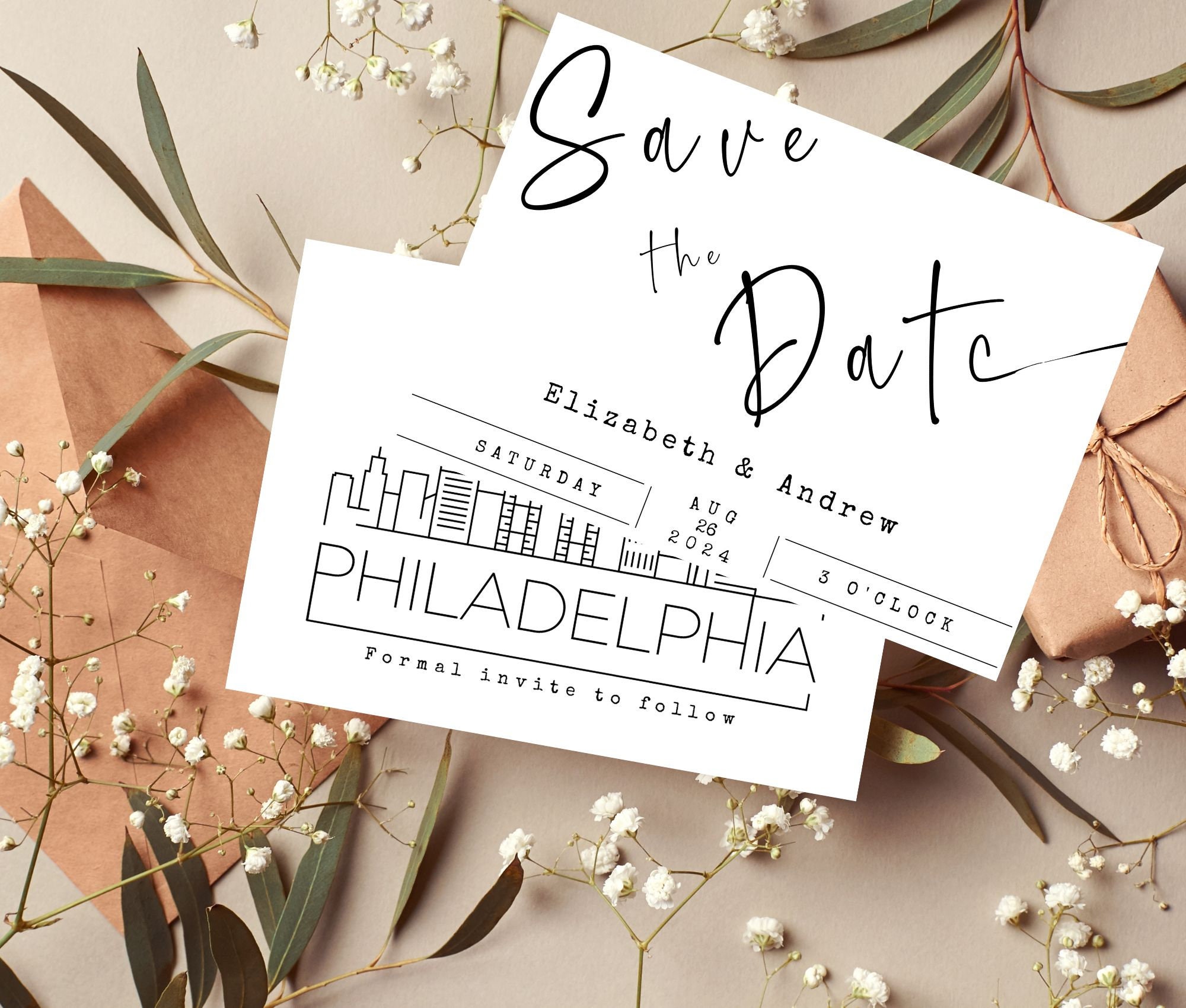 Editable Philadelphia Skyline Wedding Save the Date Card|save the Date ...