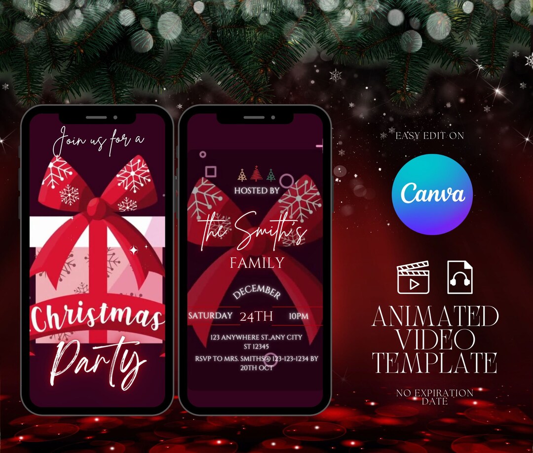 Editable Christmas Party Digital Video Invite|red Christmas Ribbon ...