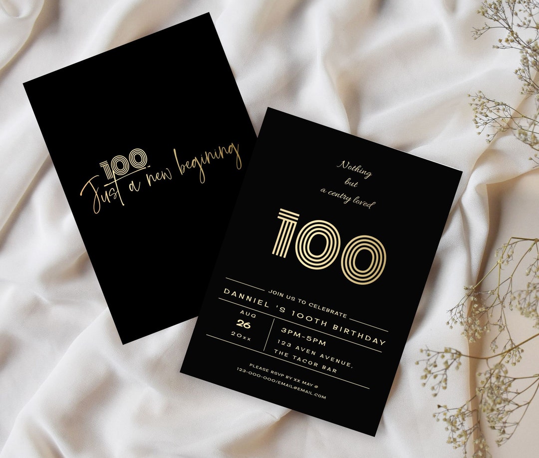 Editable Minimalist 100 Birthday Invitation|editable Gold and Black ...