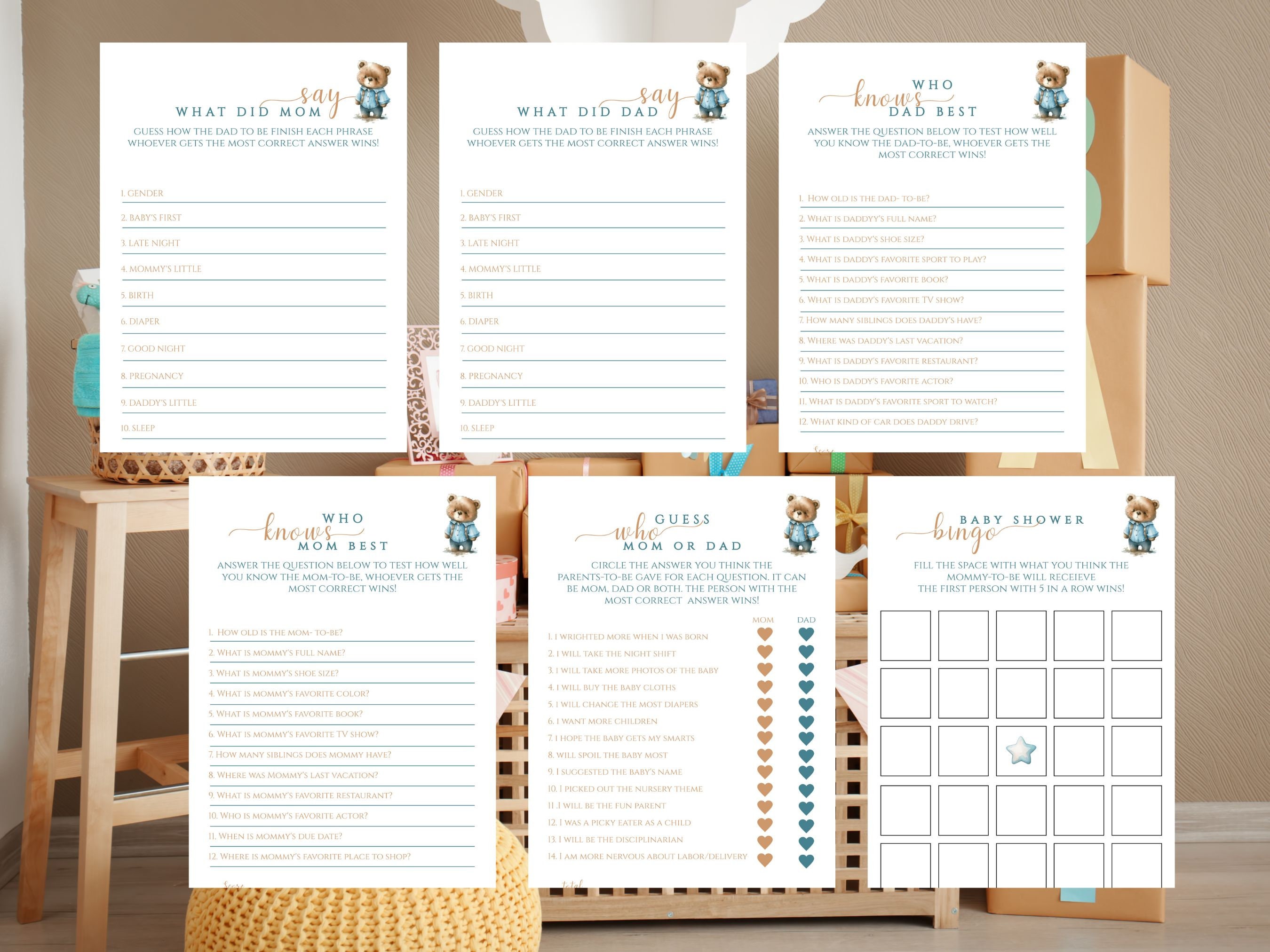 6 Teddy Bear Baby Shower Game| Teddy Bear|who Knows Mom and Dad Best ...