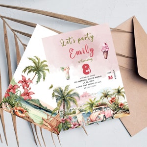 Editable ANY AGE Girl's Pink Beach Party|tropical Beach Birthday ...