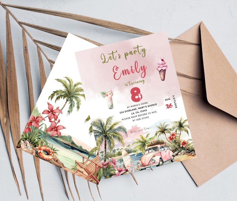 Editable ANY AGE Girl's Pink Beach Party|tropical Beach Birthday ...