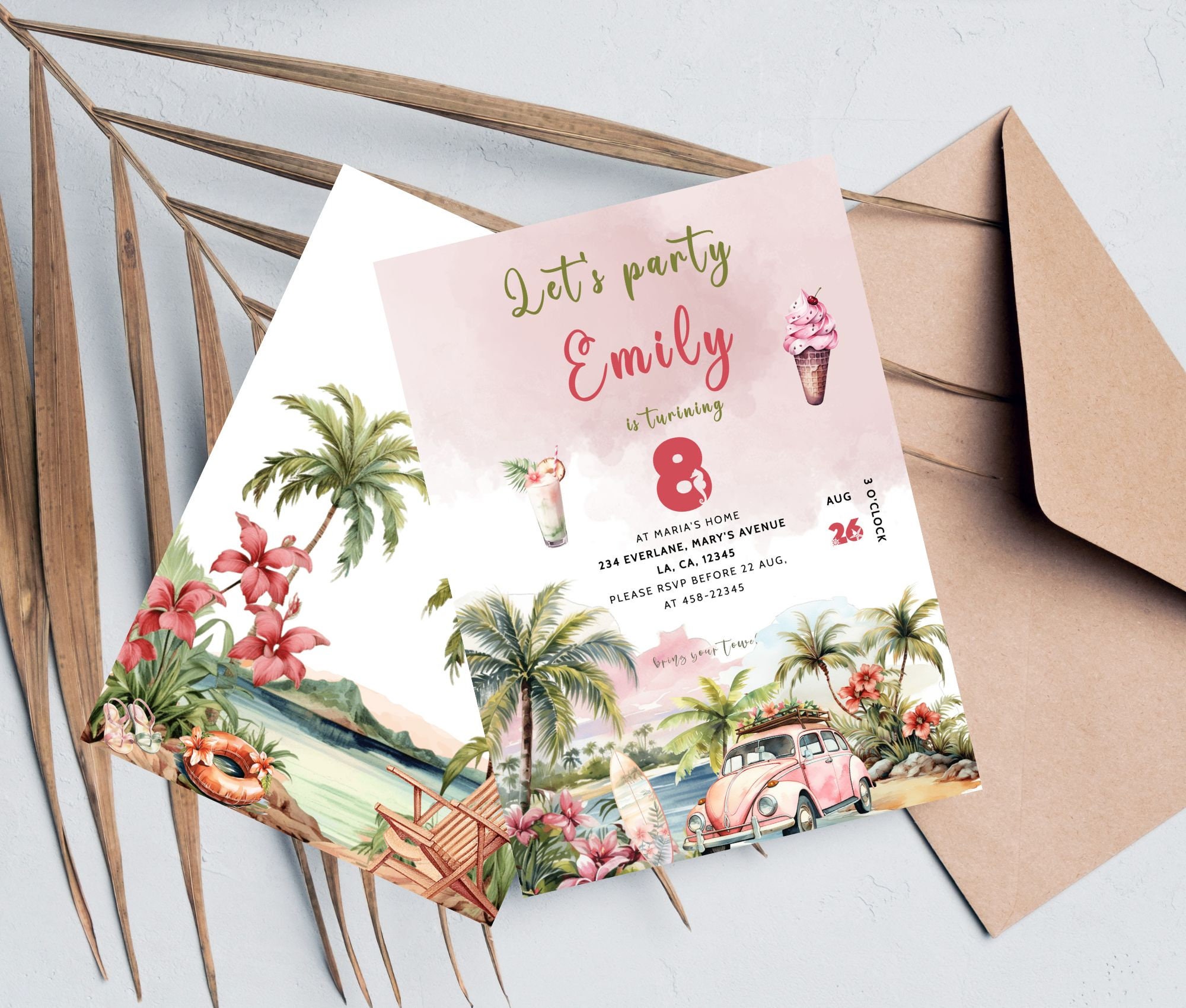 Editable ANY AGE Girl's Pink Beach Party|tropical Beach Birthday ...