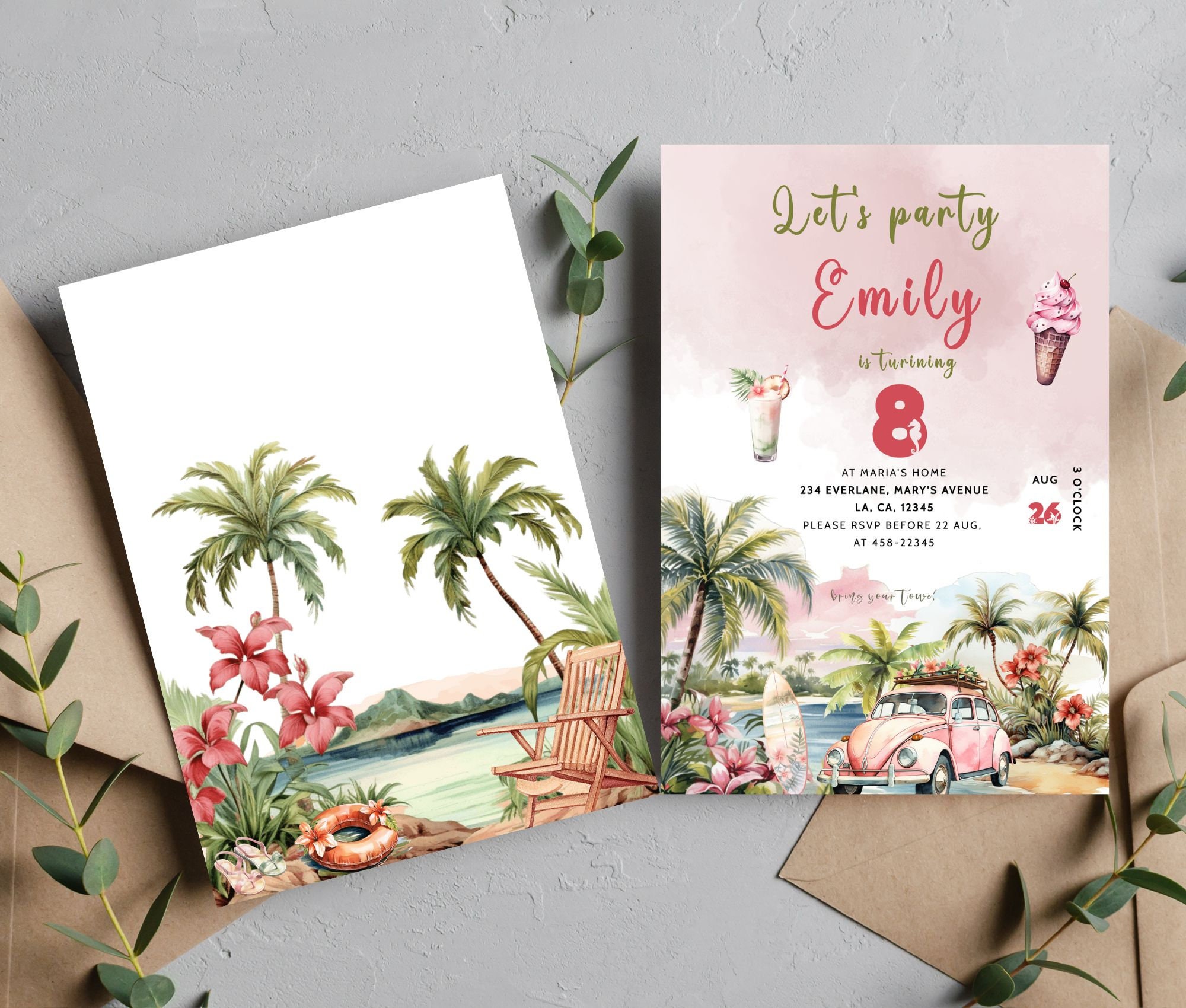 Editable ANY AGE Girl's Pink Beach Party|tropical Beach Birthday ...
