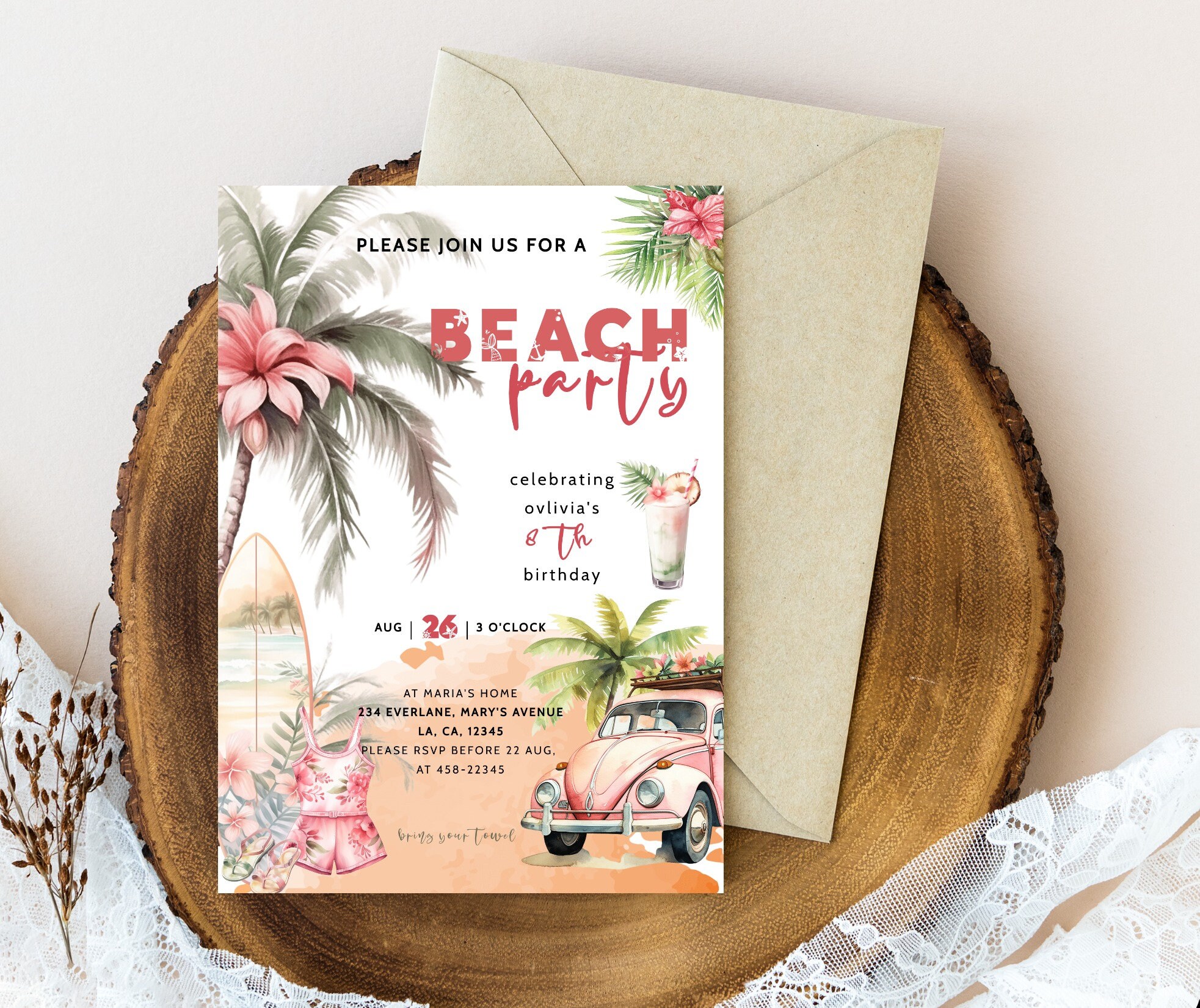Editable ANY AGE Surfing Pink Girl Beach Party Birthday Party ...