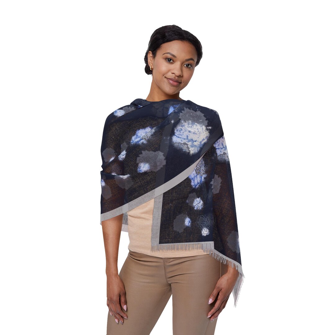 Dark Navy Blue Winter Snow Print Light Scarf for Women, Galactic Flakes ...