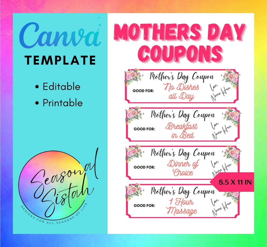Mothers Day Coupons Canva Template Bright Floral - Etsy