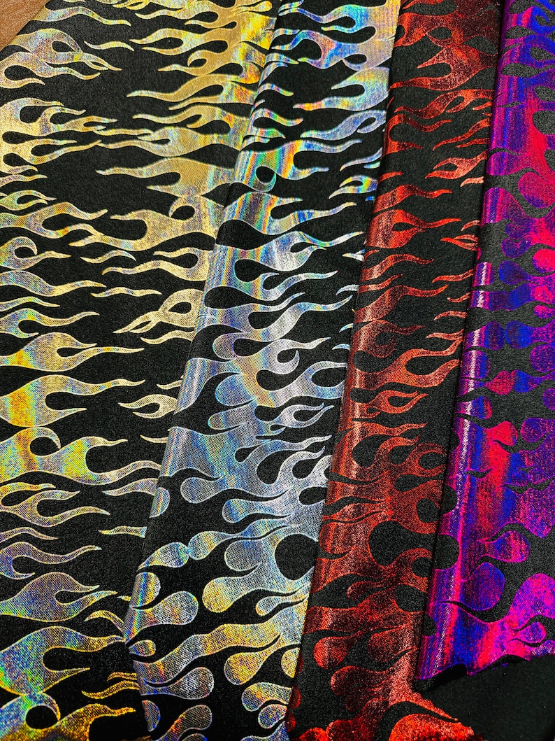 New Luxury Flames Design Hologram Metallic Nylon Spandex 4-way Stretch ...