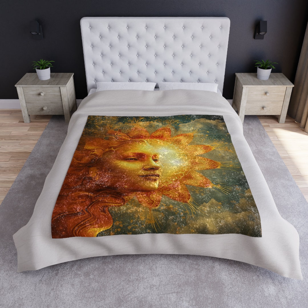 Celestial Sun Woman Velvet Throw Blanket, Golden Sun Face Decor, Soft ...