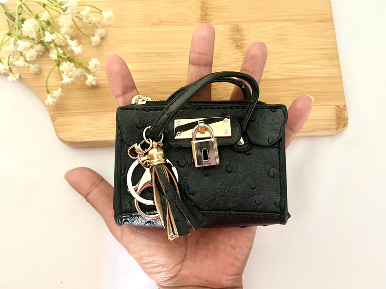 Purse Charm Key Chain Mini Bag for Cash Black Coin Pouch Vegan Leather ...