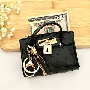 Purse Charm Key Chain Mini Bag for Cash Black Coin Pouch Vegan Leather ...