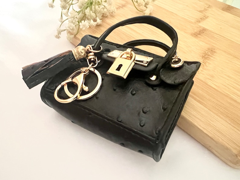 Purse Charm Key Chain Mini Bag for Cash Black Coin Pouch Vegan Leather ...