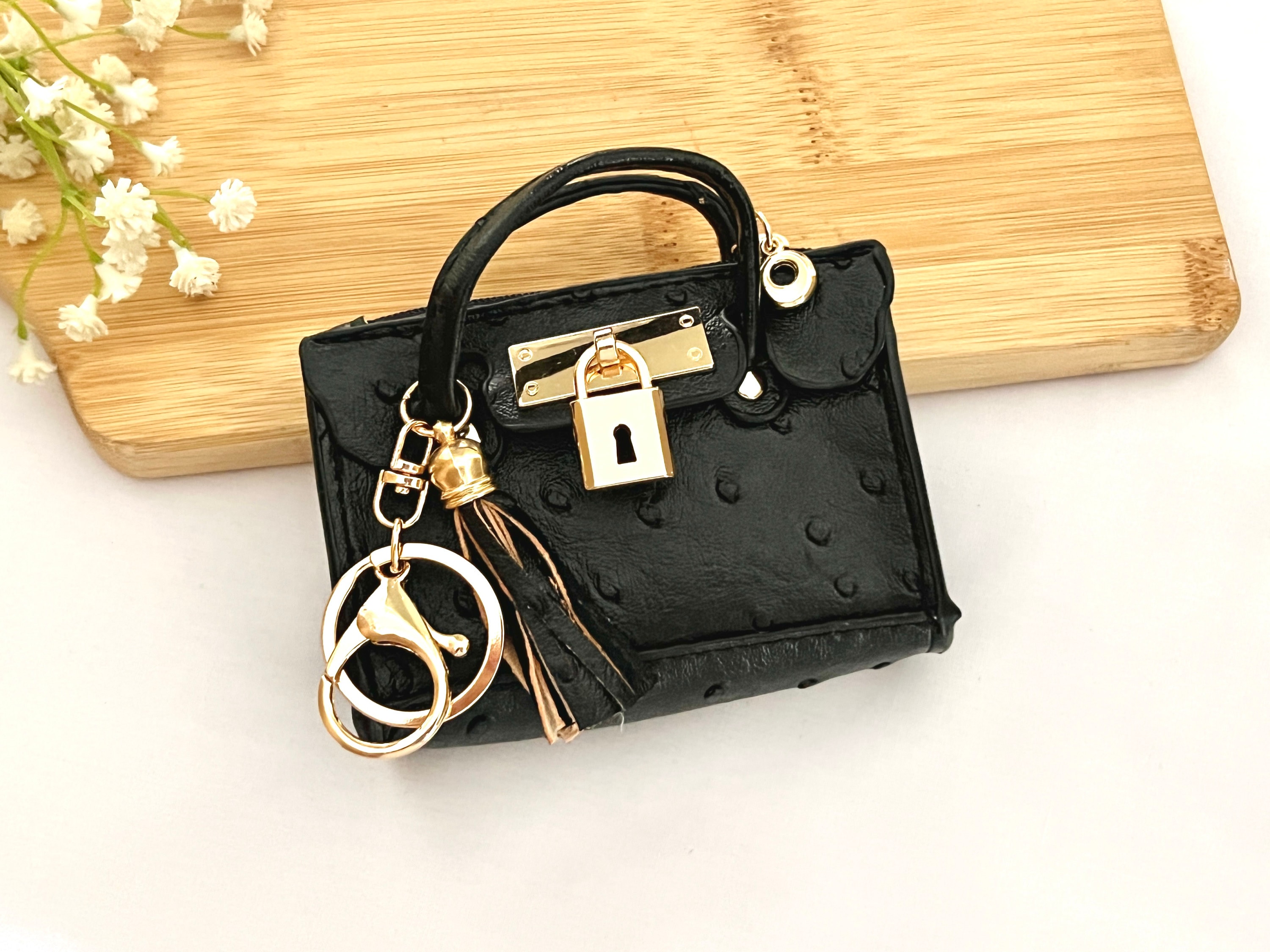 Purse Charm Key Chain Mini Bag for Cash Black Coin Pouch Vegan Leather ...