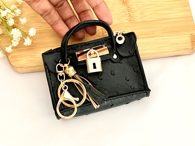 Purse Charm Key Chain Mini Bag for Cash Black Coin Pouch Vegan Leather ...