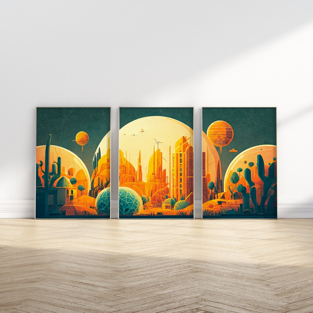 Solarpunk Tryptic Tryptic Landscape Wall Art Printable Wall Art ...