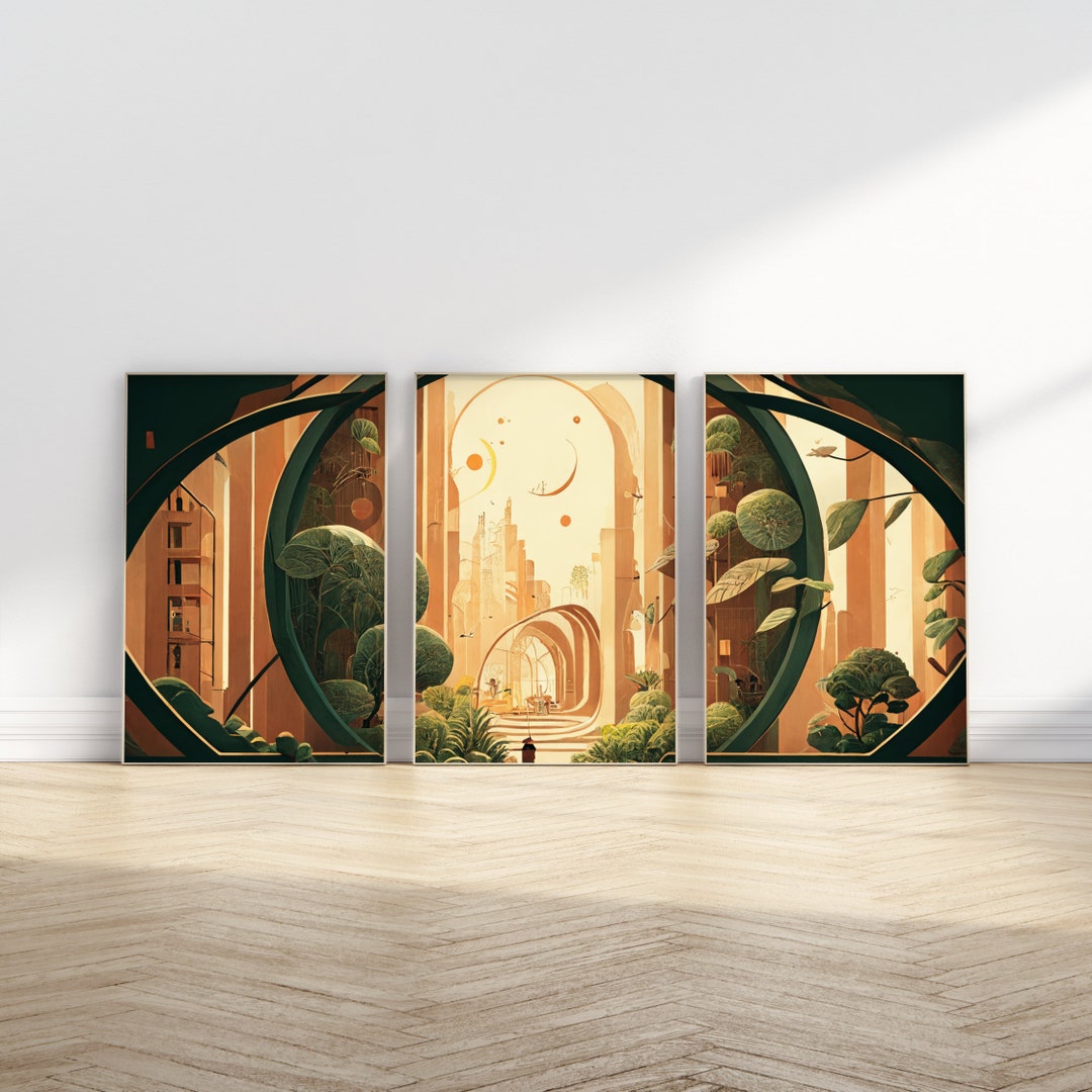 Solarpunk Tryptic | Tryptic Landscape Wall Art | Printable Wall Art ...