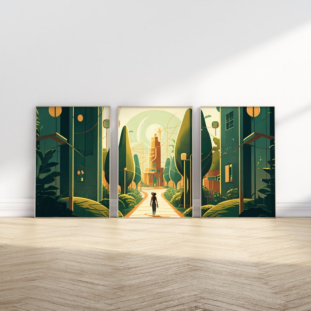 Solarpunk Tryptic | Tryptic Landscape Wall Art | Printable Wall Art ...