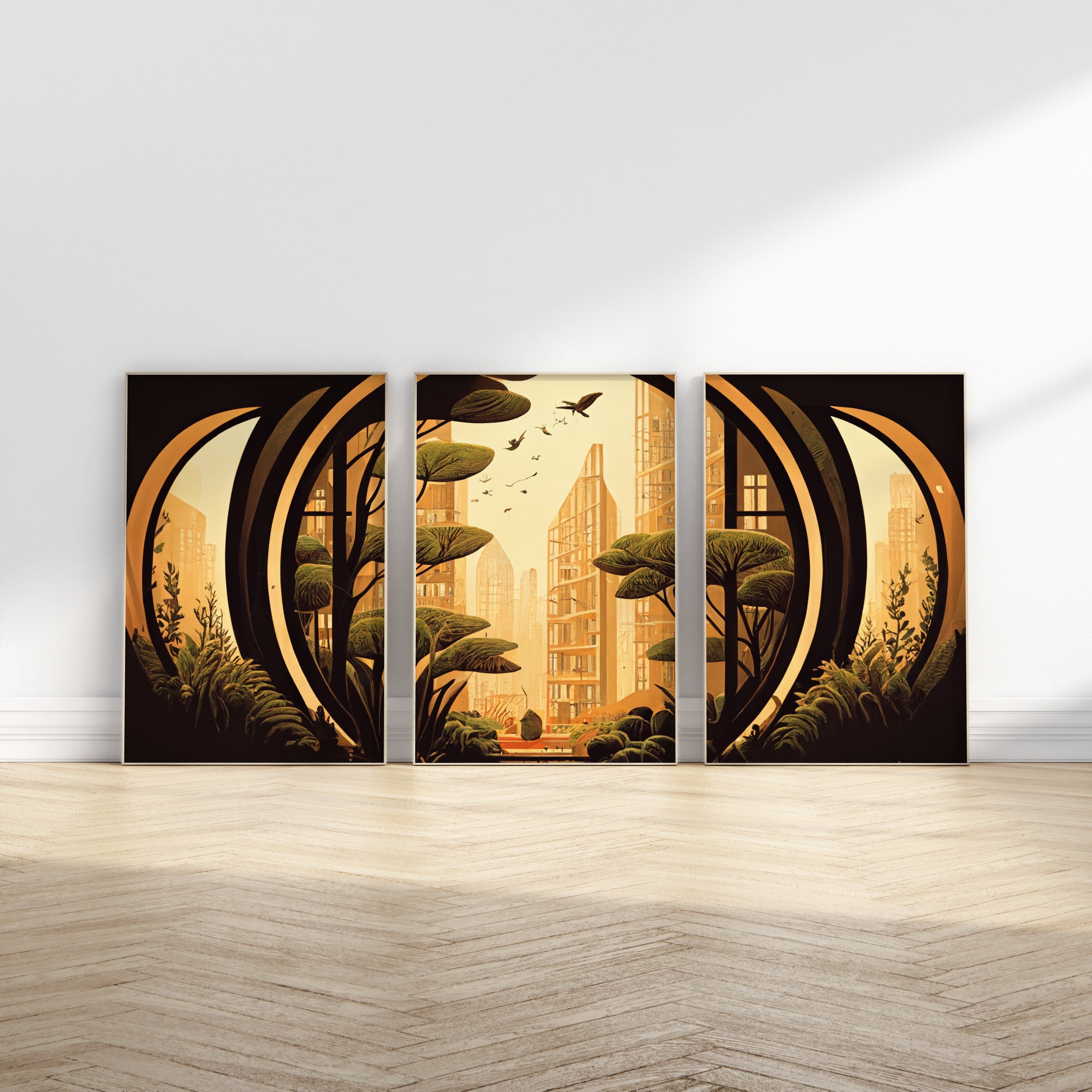 Solarpunk Tryptic | Tryptic Landscape Wall Art | Printable Wall Art ...