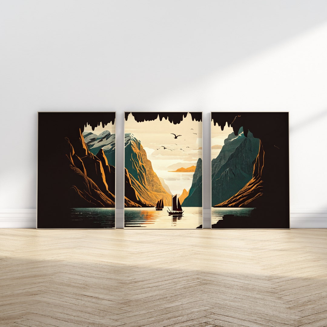Fjord Tryptic Tryptic Landscape Wall Art Printable Wall Art Abstract ...