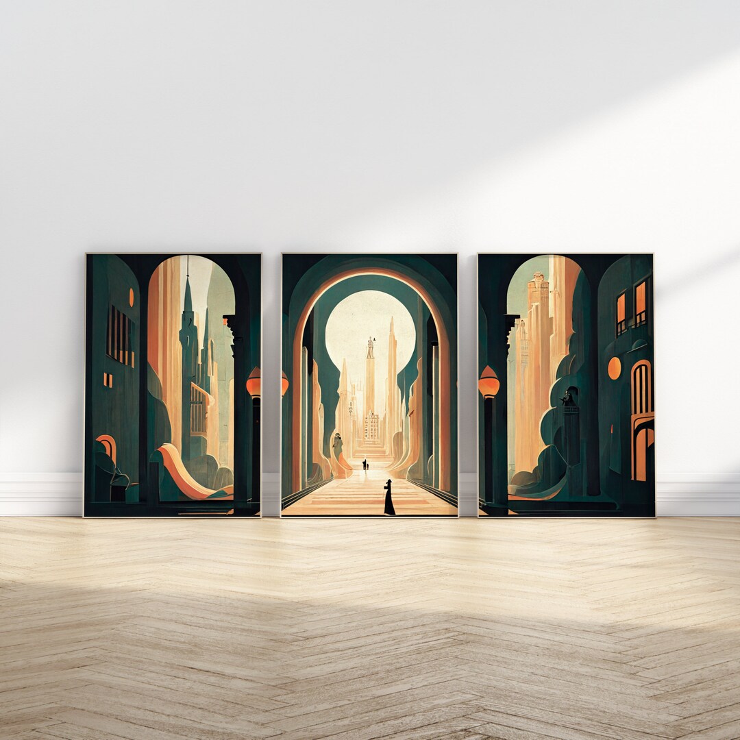 Surrealist City Tryptic Tryptic Landscape Wall Art Printable Wall Art ...