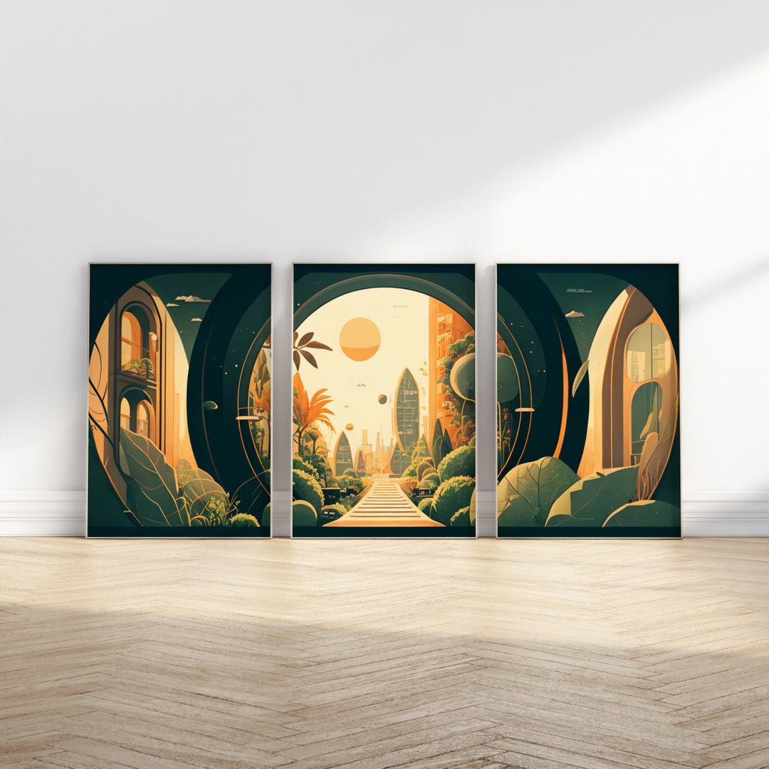 Solarpunk Tryptic | Tryptic Landscape Wall Art | Printable Wall Art ...