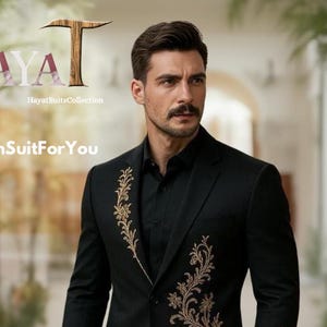 Men's Black Embroidered Suit: Custom Tailored Wedding Formal Men Suits ...