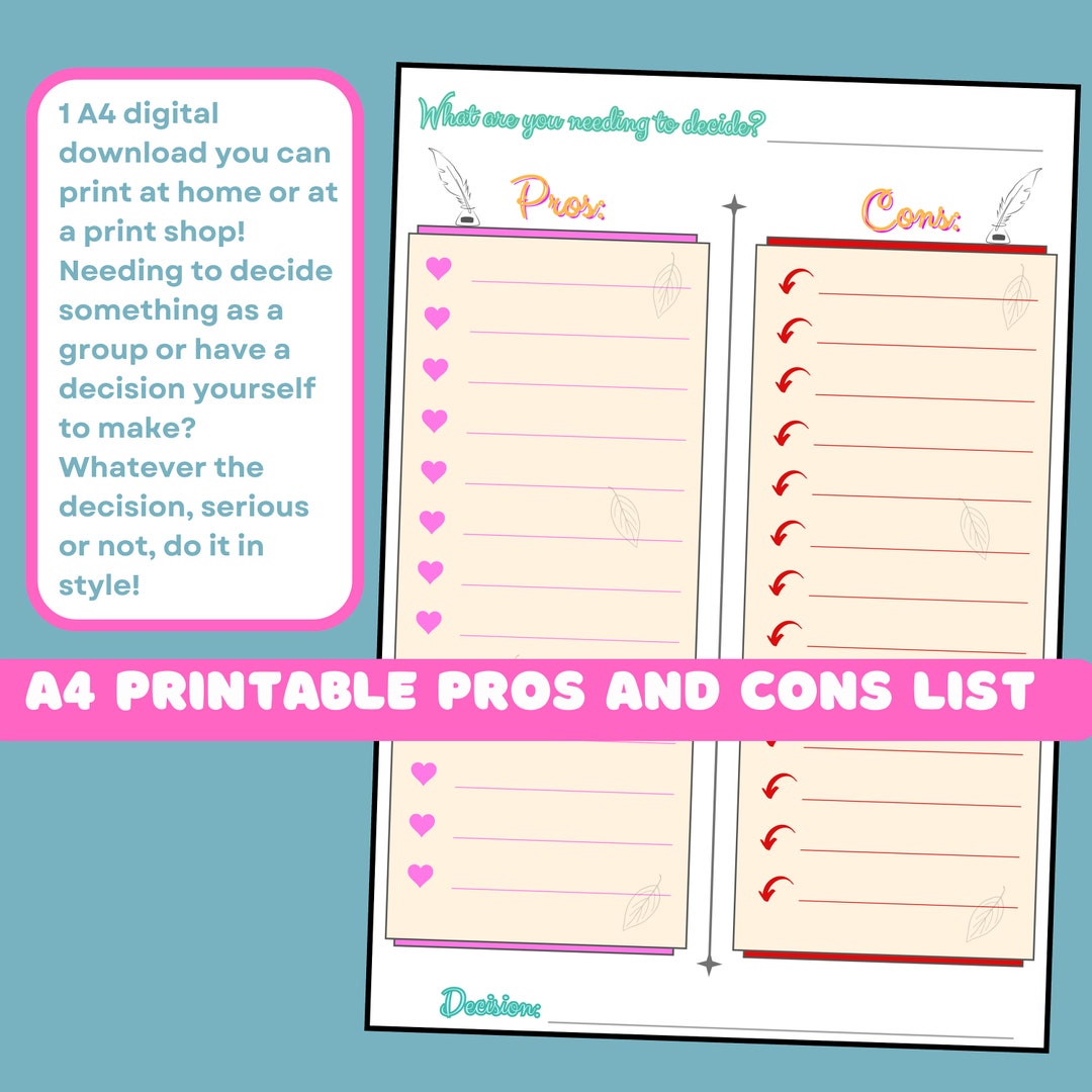 Fun Pros and Cons Printable List Cute Pros and Cons Printable Sheet Fun Decision Making ...
