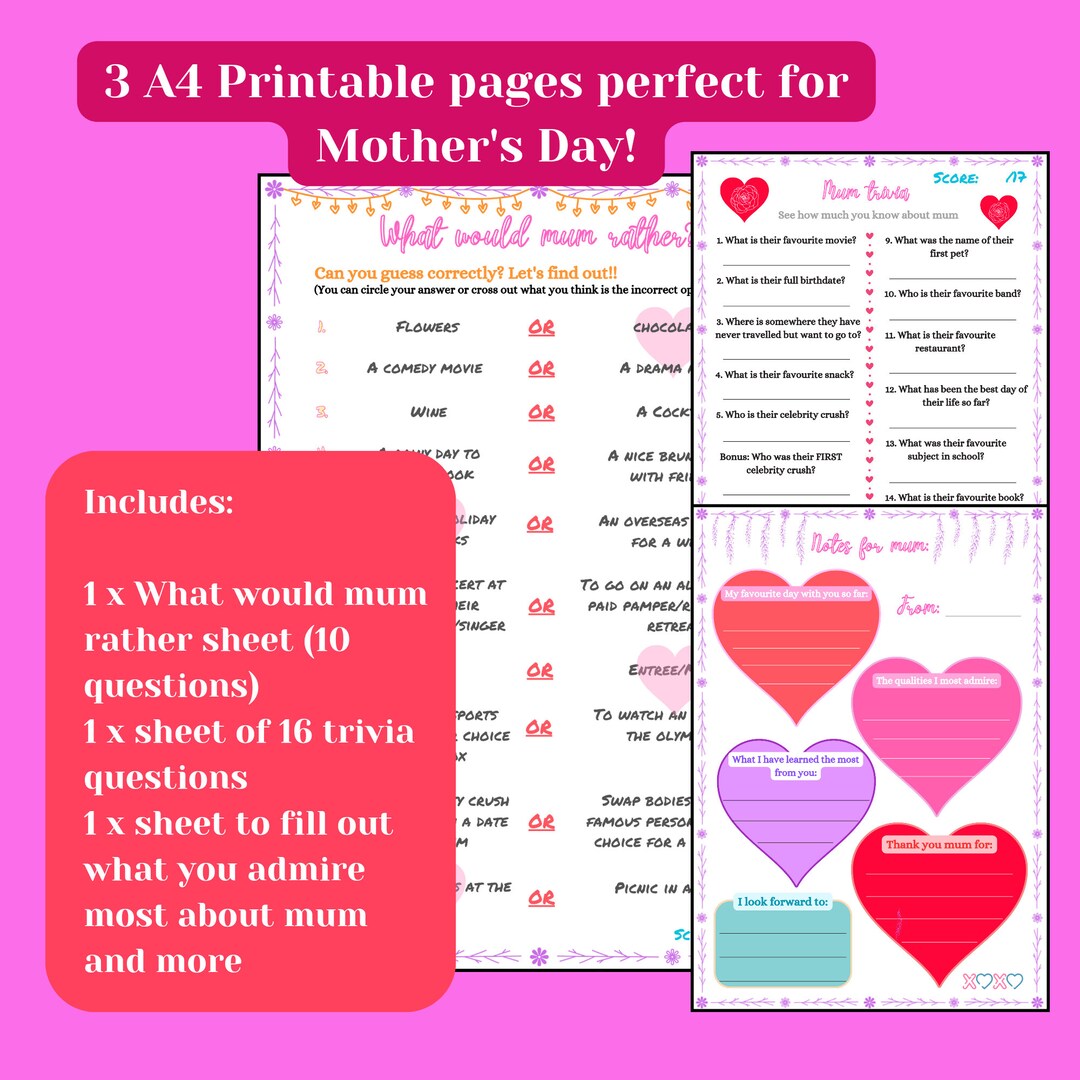 Printable Mum Trivia and Notes to Mum, Personal Trivia and Would Mum ...