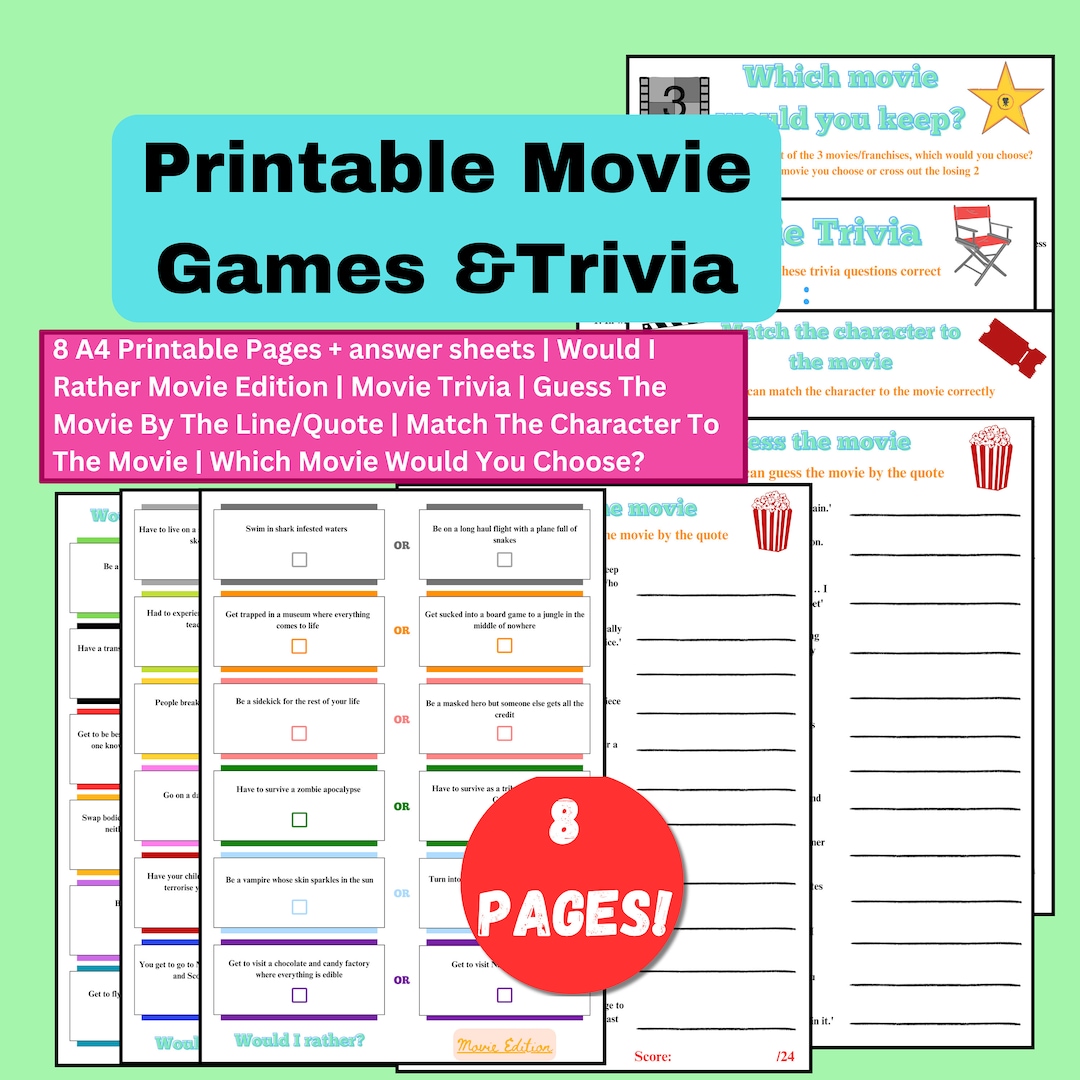 Fun Movie Games and Trivia Printable Movie Game Night Fun Movie Themed ...
