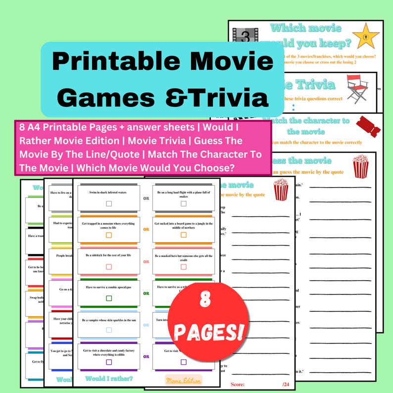 Fun Movie Games and Trivia Printable Movie Game Night Fun Movie Themed ...