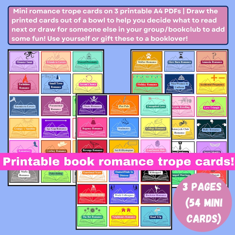 Romance Trope Cards Printable Romance Book Lucky Dip Cards Book Club ...