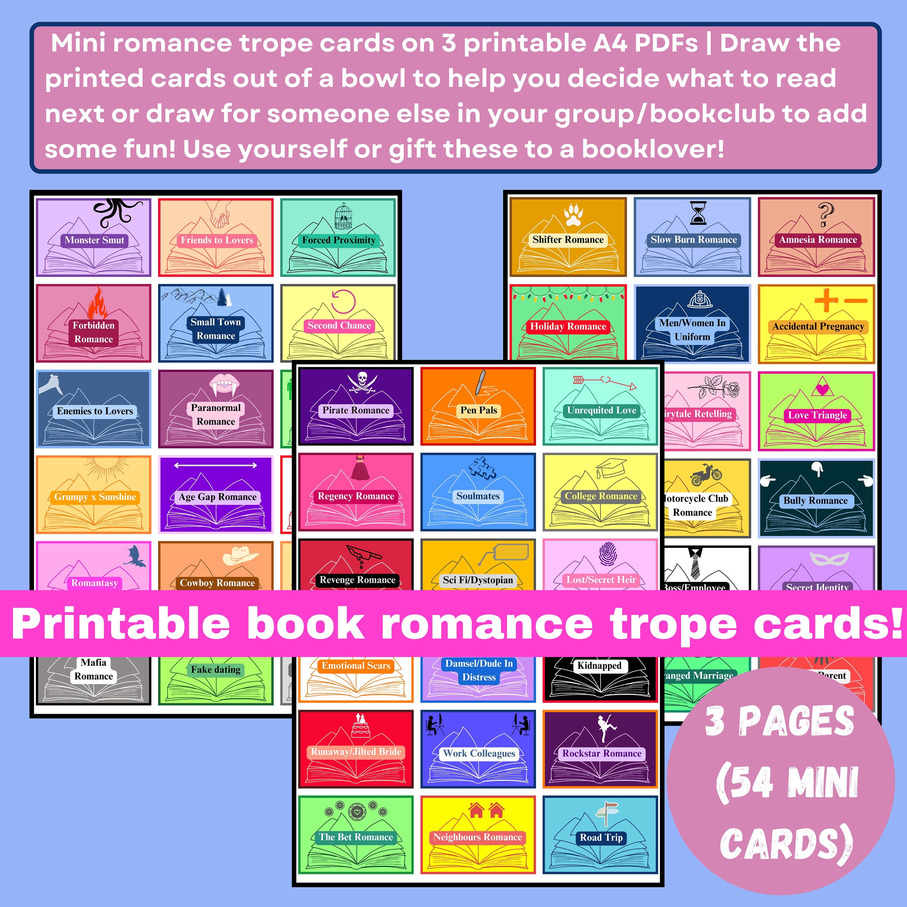 Romance Trope Cards Printable Romance Book Lucky Dip Cards Book Club ...