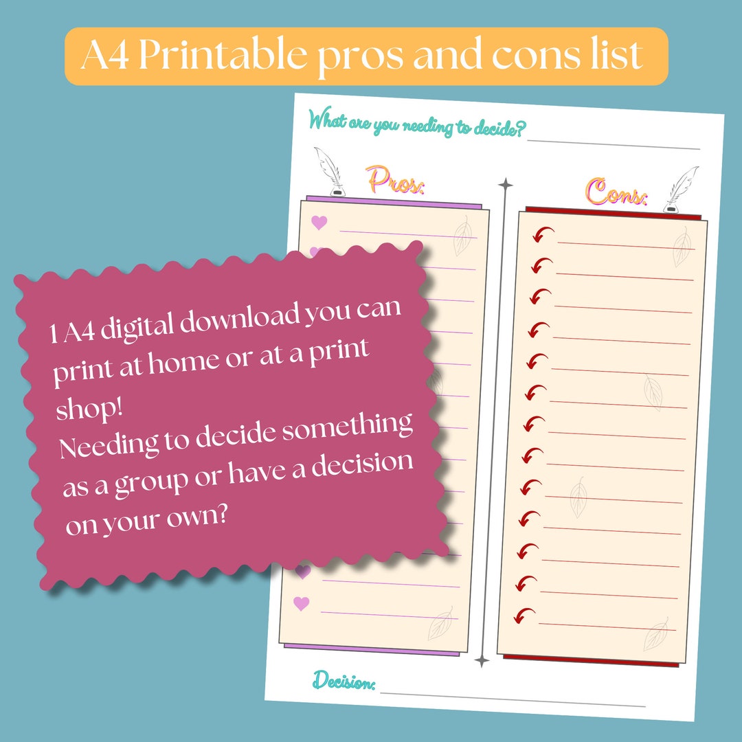 Pros and Cons List, Printable Pros and Cons Sheet - Etsy