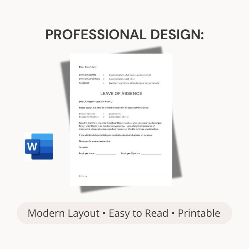 Employee Absence Letter Template – HR Leave Document - Editable MS Word ...