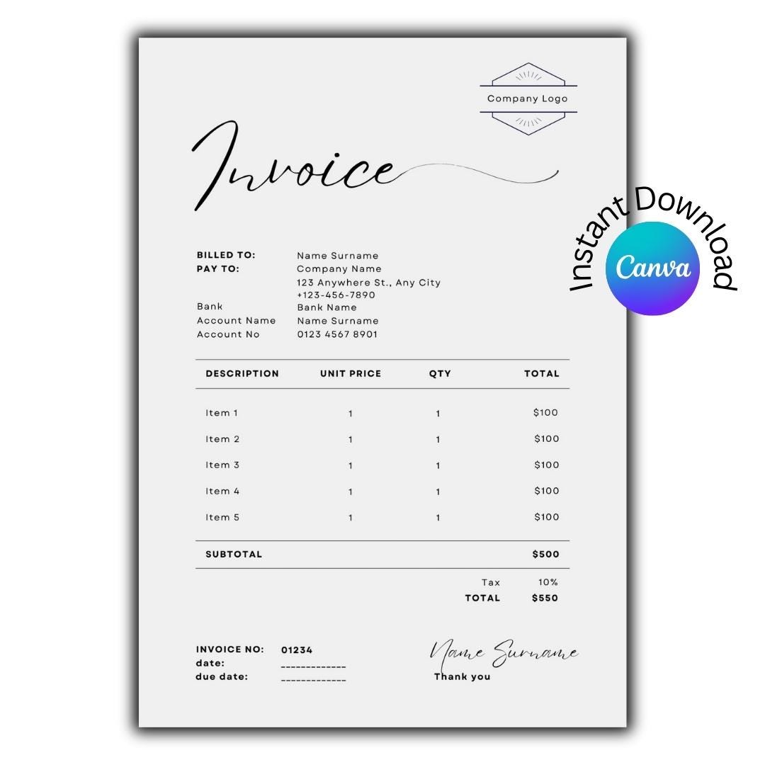 Business Invoice Template | Minimalist Invoice | Canva Editable Small ...