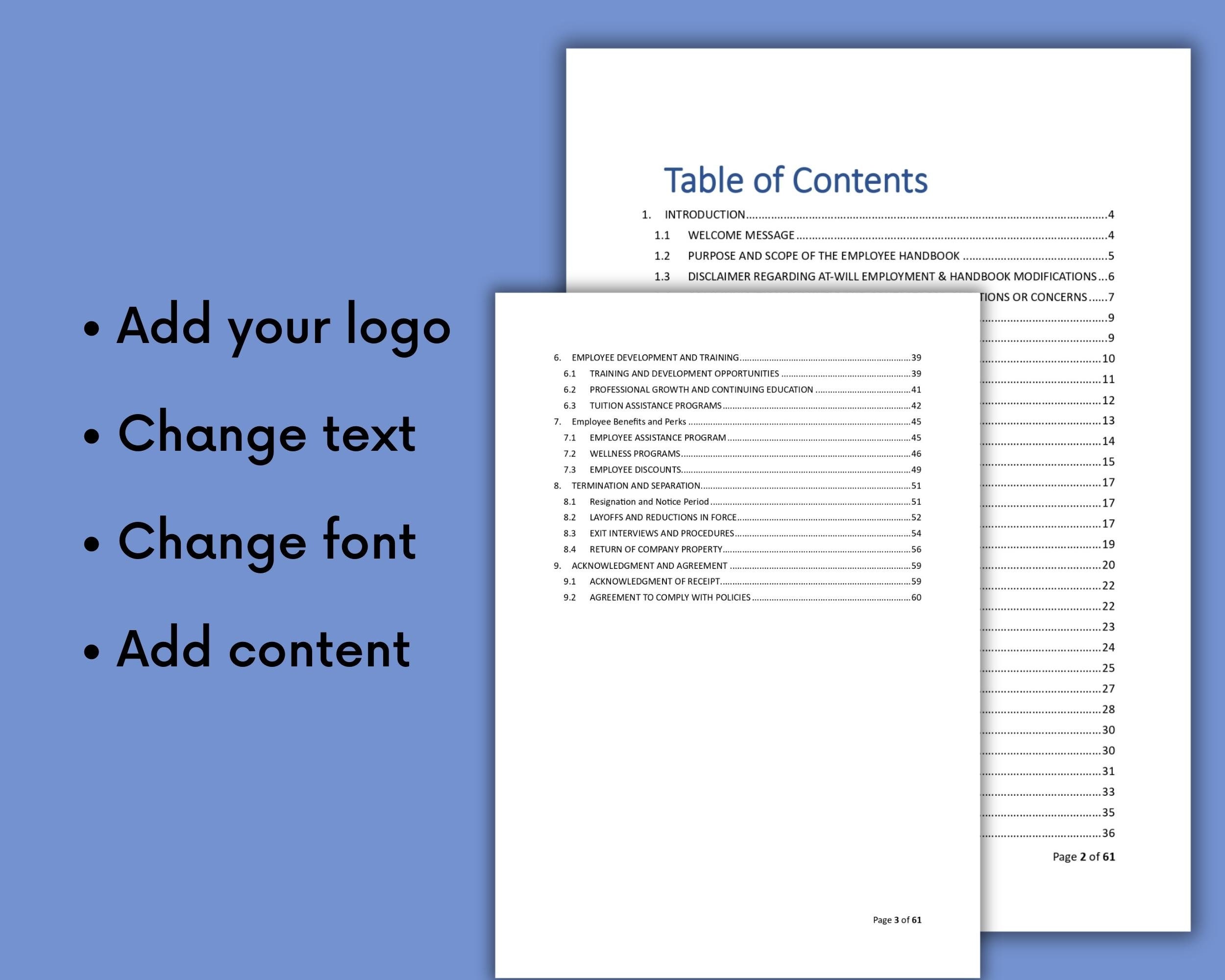 Editable Employee Handbook Template: HR Manual (MS Word, Digital ...