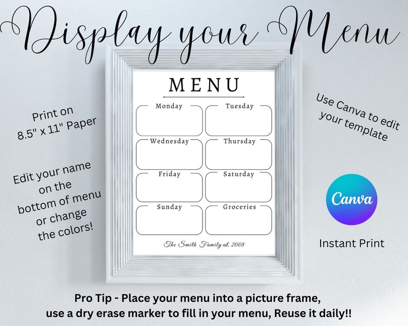 Menu Meal Planner Printable Weekly Planner Instant Download Editable ...