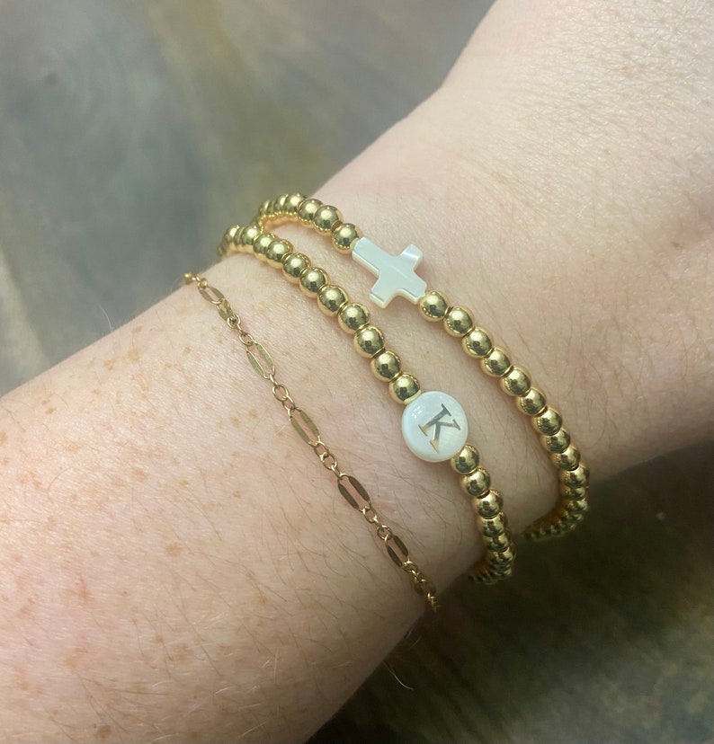 14k Gold Plated Natural Shell Initial Beaded Bracelet, 7.5in, Handmade Stretch, Personalized ...