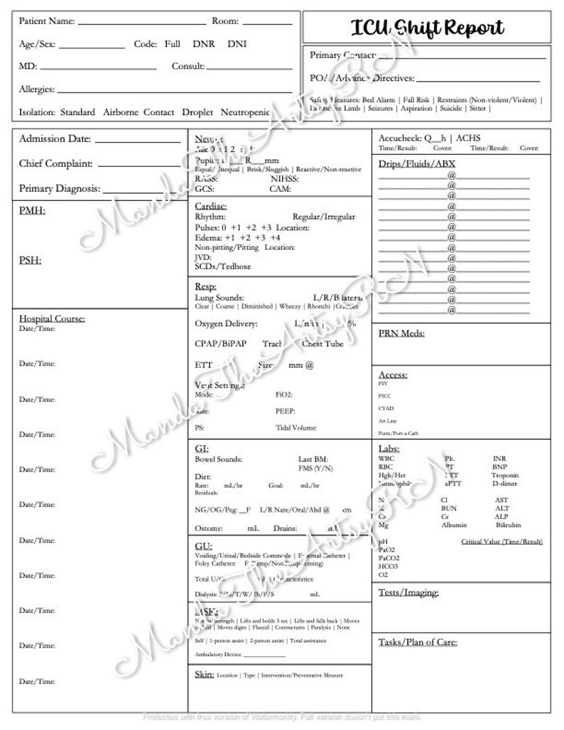 ICU Nurse Shift Report Sheet - Etsy