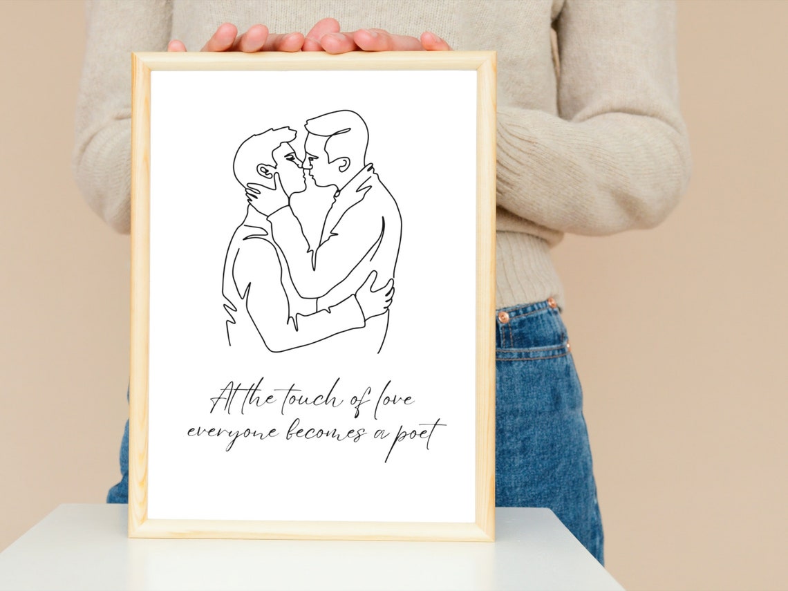 Gay Couple Line Art Print, Romantic Kiss, Queer Wedding Gift (digital ...