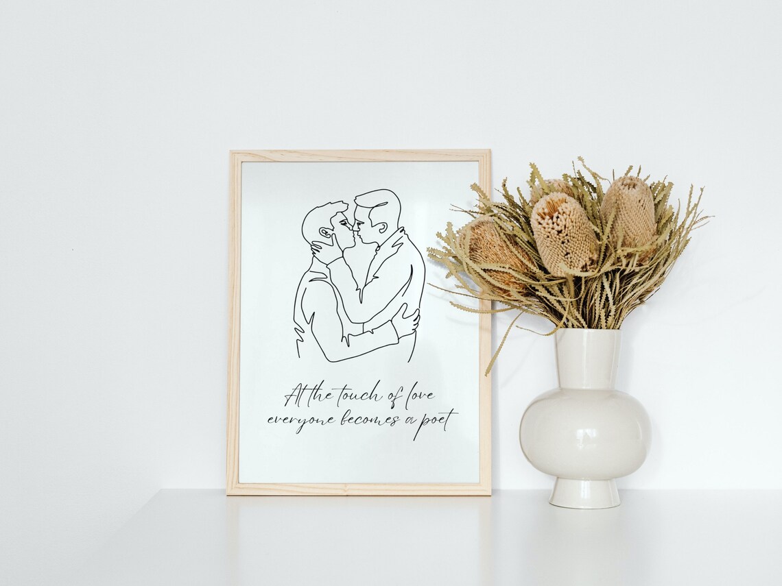Gay Couple Line Art Print, Romantic Kiss, Queer Wedding Gift (digital ...