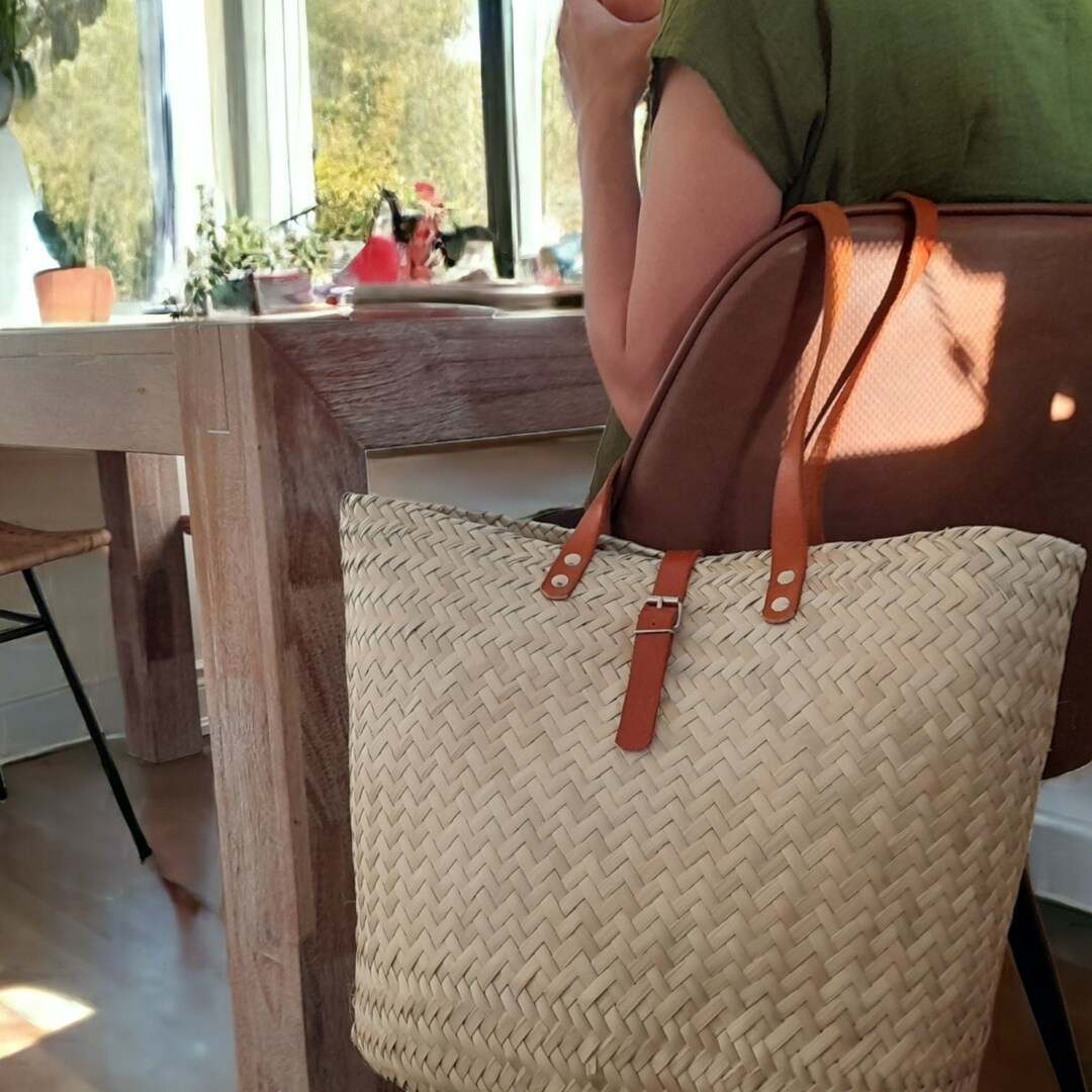 Square Tote Rattan Bag With Leather Trim | Large Harvest Bag ...