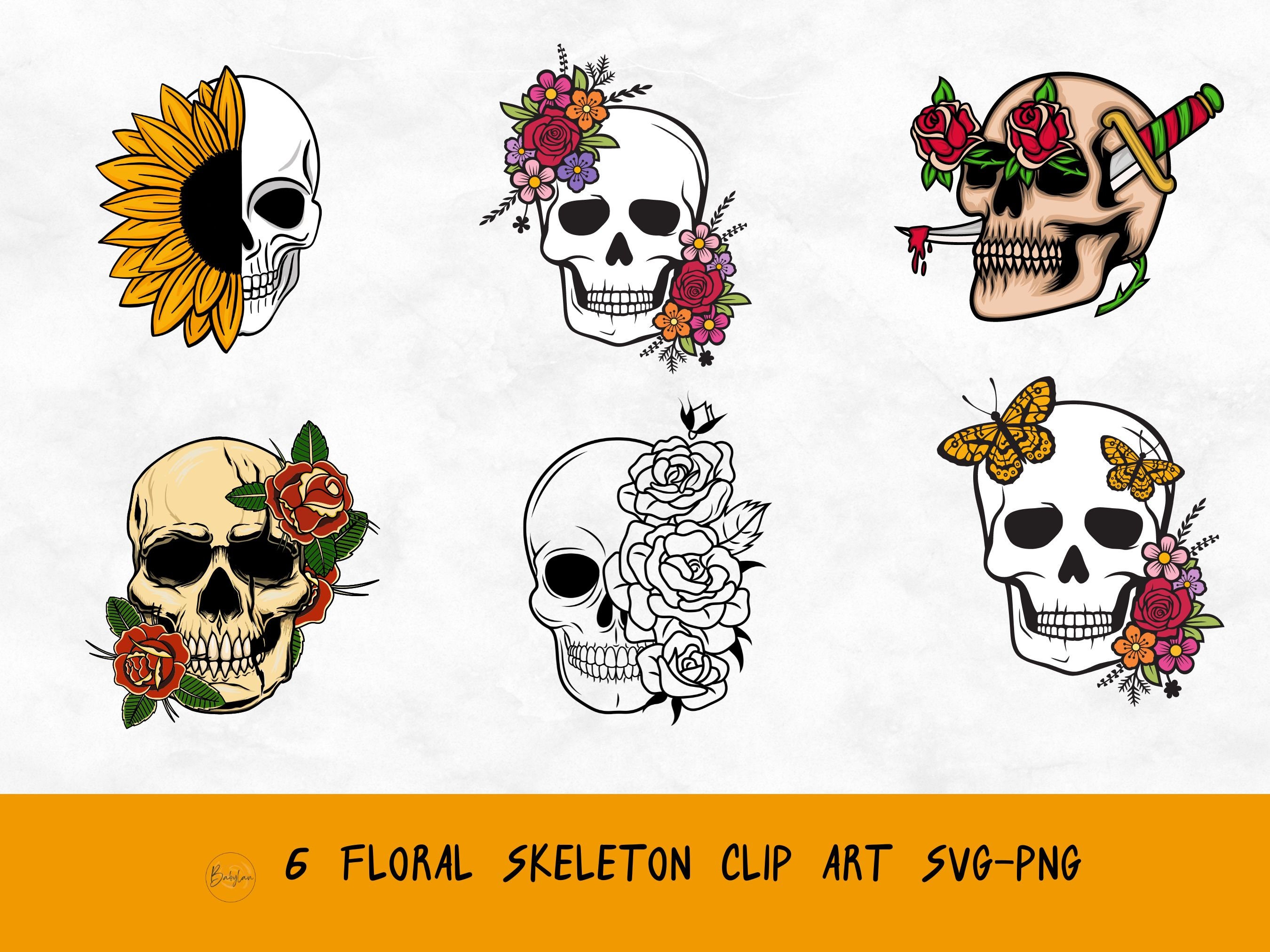 Floral Skeleton Svg Bundle,skull Head Svg, Floral Set Clipart Skeleton ...