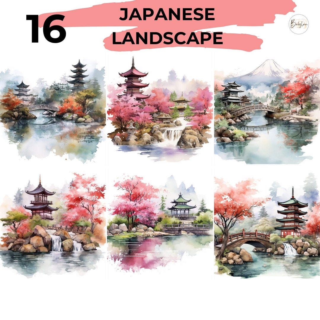 Watercolor JAPANESE LANDSCAPE Clipart, JAPANESE Illustrations Bundle ...
