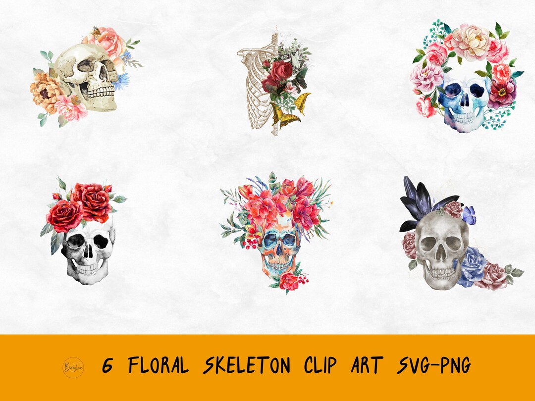 Floral Skeleton Svg Bundle,skull Head Svg, Floral Set Clipart Skeleton ...