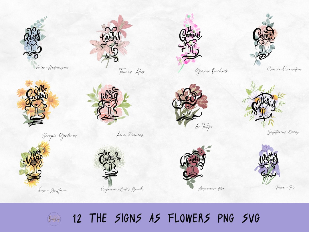 Flower Zodiac Sign Bundle Svg,horoscope Silhouette,signs as Floral ...