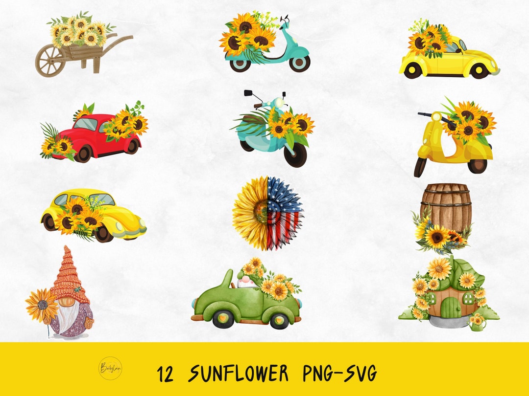 Sunflower Car Svg Bundle, Floral Set Cars Clip Art, Botanical Clip Art ...