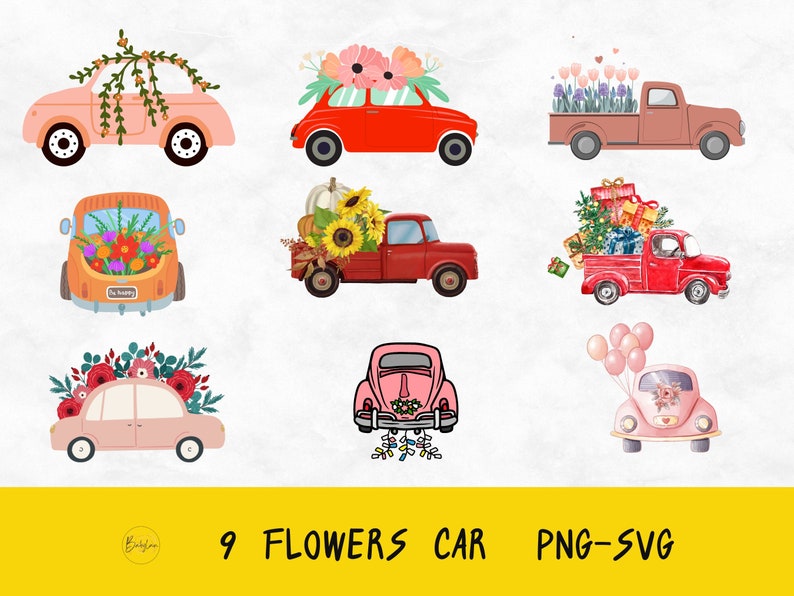 Floral Cars Svg Cars Clip Art Bundle Colorful Flowers Svg - Etsy