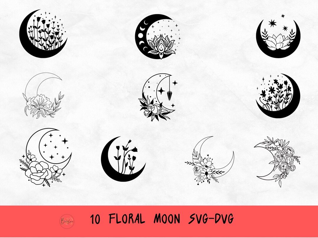 Floral Moon Svg, Moon and Flowers Svg, Celestial Png, Botanical Clip ...